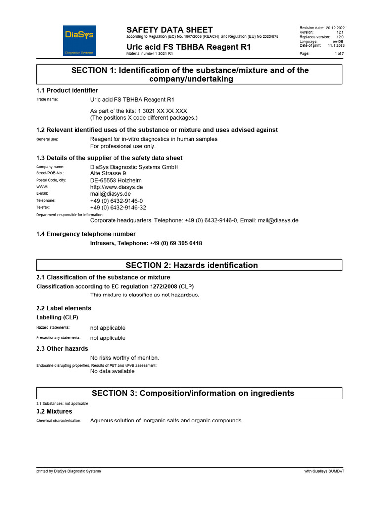 Uric Acid TBHBA Reagent Safety Data | PDF | Dangerous Goods | Toxicity