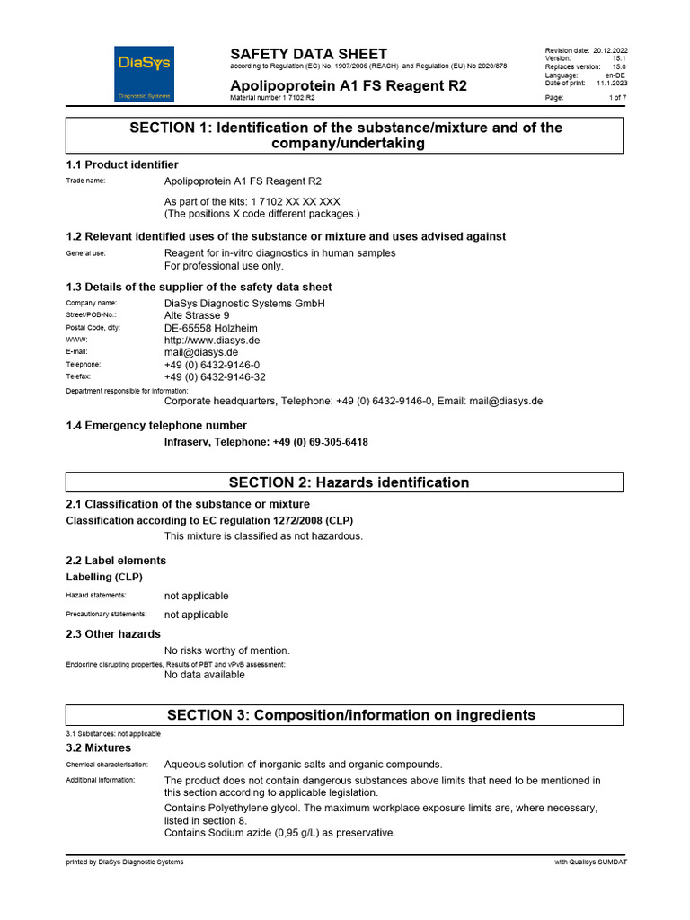 Apolipoprotein A1 FS Reagent R2-en-DE-15-1 | PDF | Dangerous Goods ...