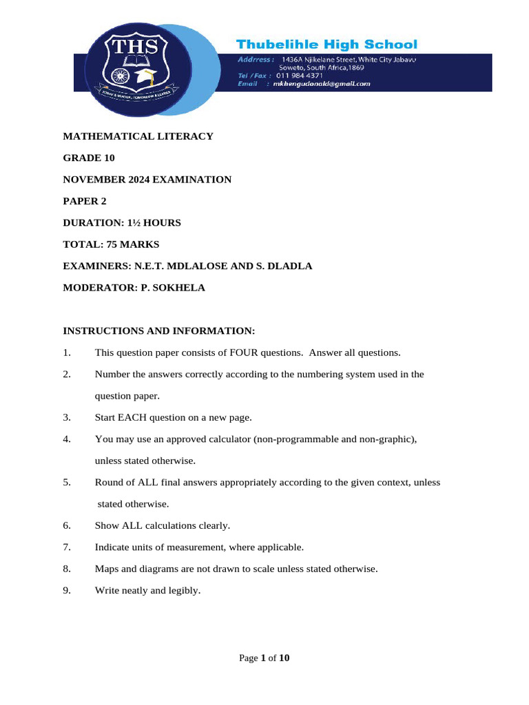 Mathematical Literacy Grade 10 November 2024 Paper 2 Draft | PDF ...
