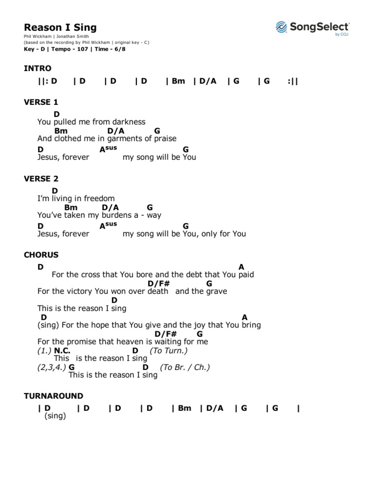 Reason I Sing - SongSelect Chart in D | PDF