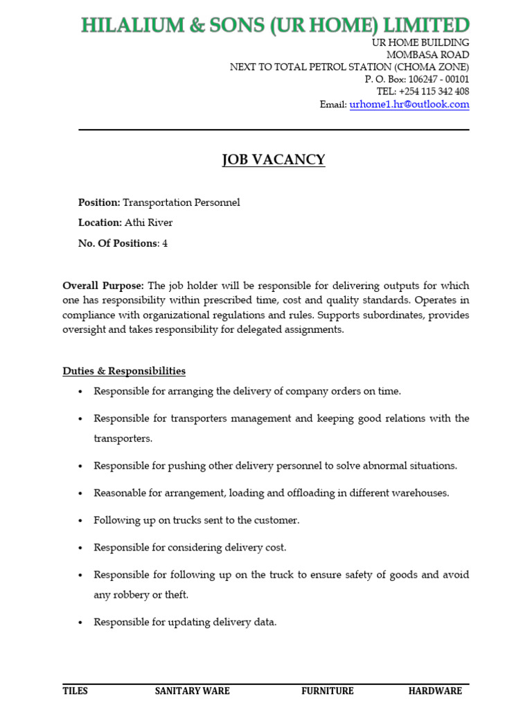 Job Vacancy - Transportation Personnel | PDF | Business