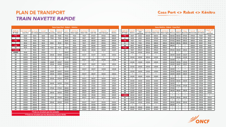 ONCF - Horaires Novembre 2024 Casa Rabat Kenitra | PDF