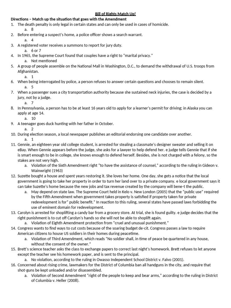 9a Bill of Rights Match Up - With Answers | PDF | Justice | Crime ...