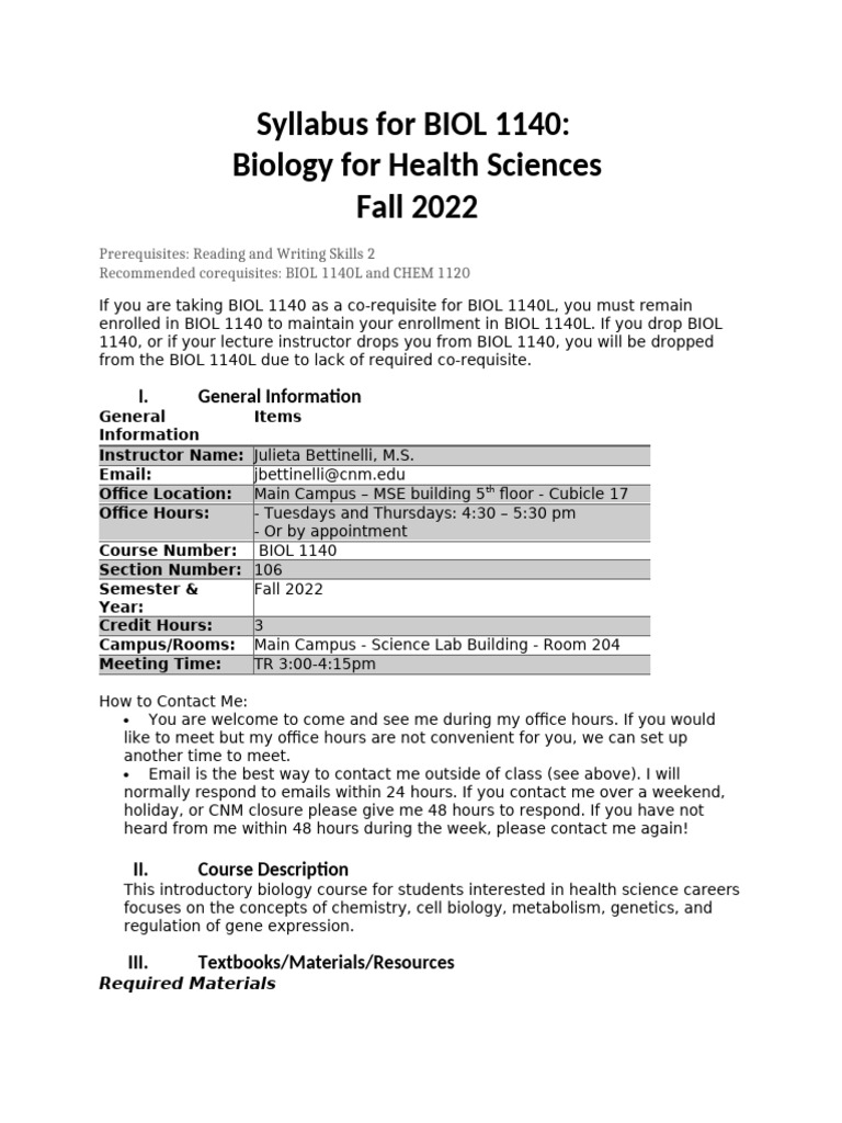 Biol 1140 Syllabus By Julieta Bettinelli Pdf Cell Biology Biology