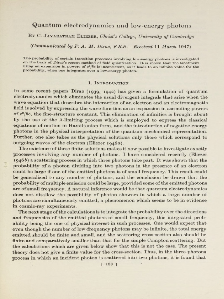 Eliezer Dirac 1997 Quantum Electrodynamics and Low Energy Photons | PDF | Photon | Electron