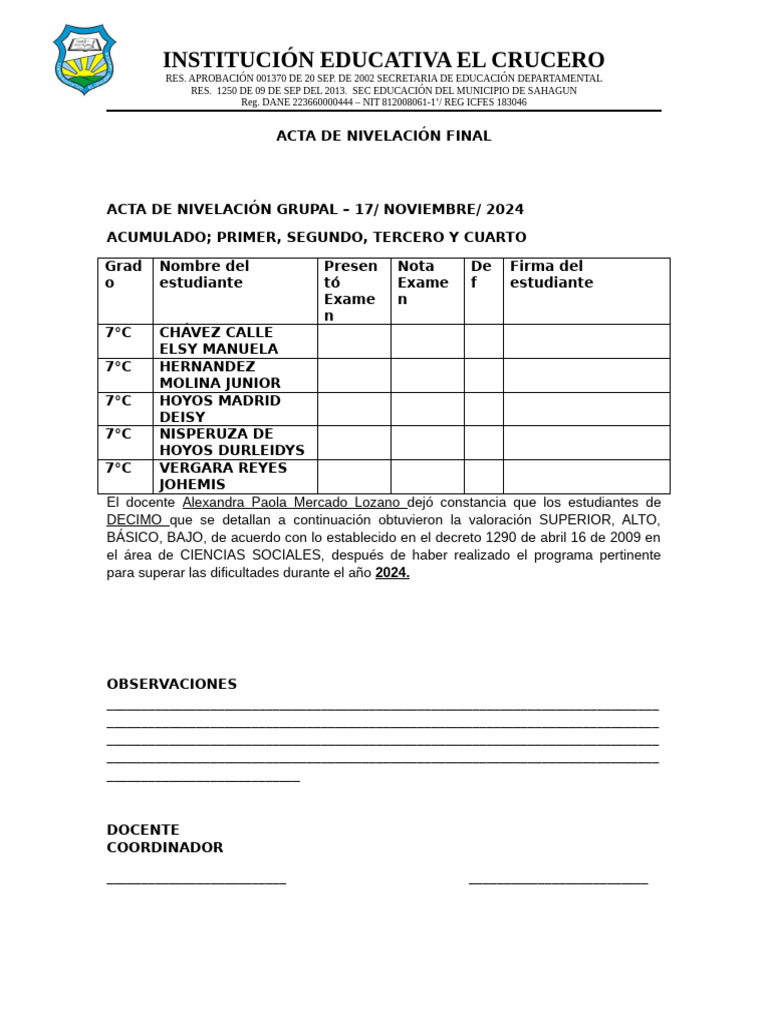 Acta Nivelación Final 2024 El Crucero | PDF