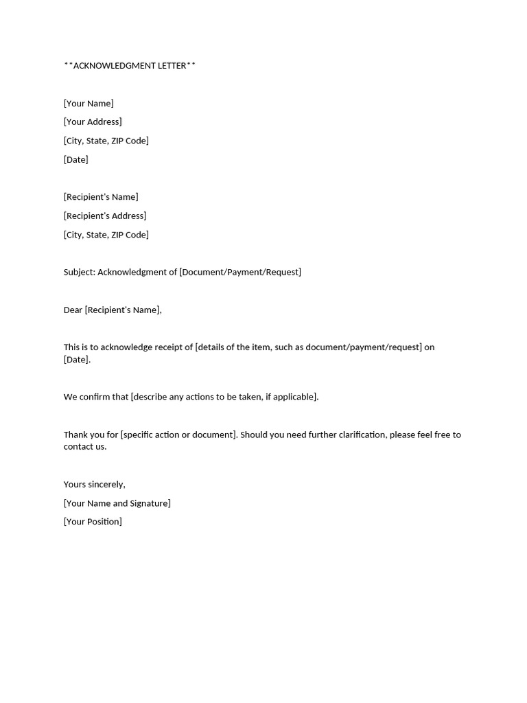 Acknowledgment Letter Format | PDF