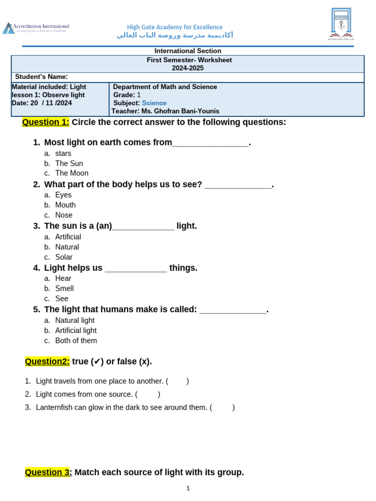 Grade 1 Science Worksheet on Light | PDF