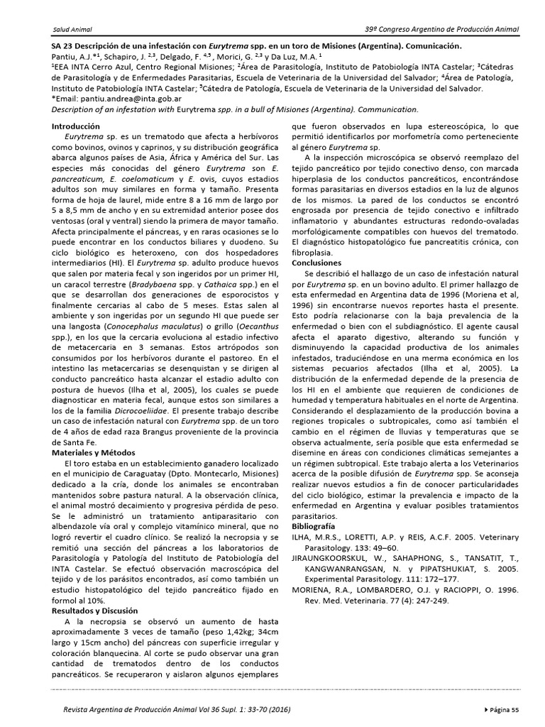 Infestación de Eurytrema spp. en Bovinos | PDF | Especialidades Medicas
