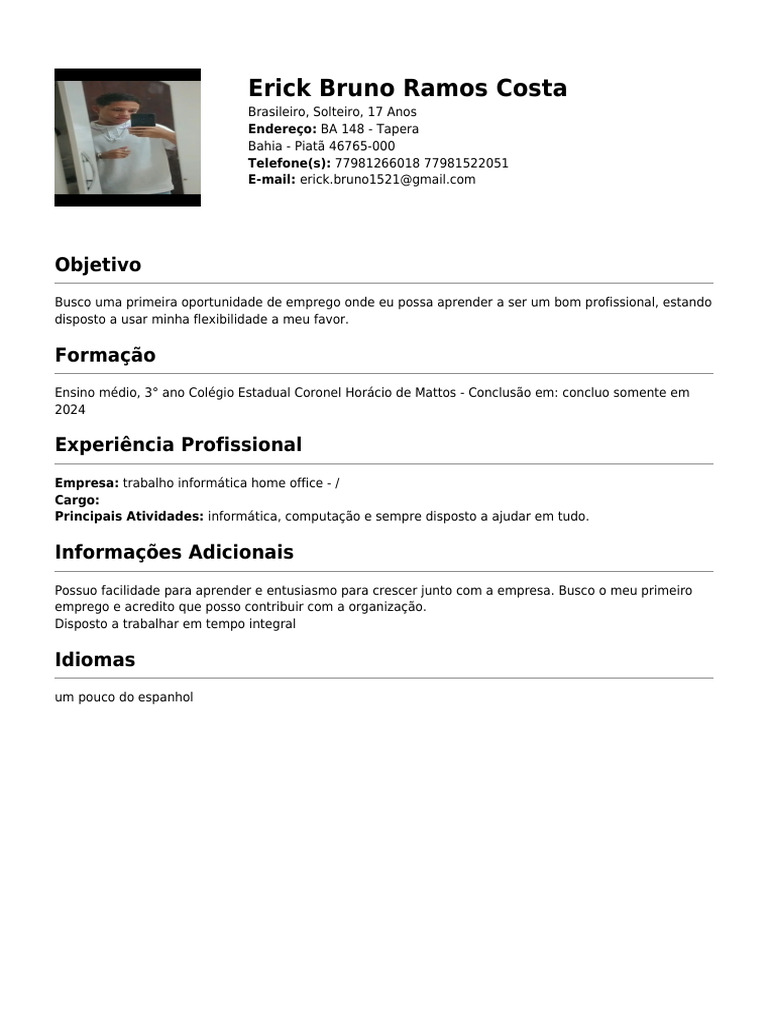 Meu Currículo - Erick Bruno Ramos Costa | PDF