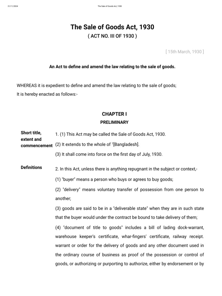 Sale of Goods Act 1930 Overview | PDF | Private Law | Consent