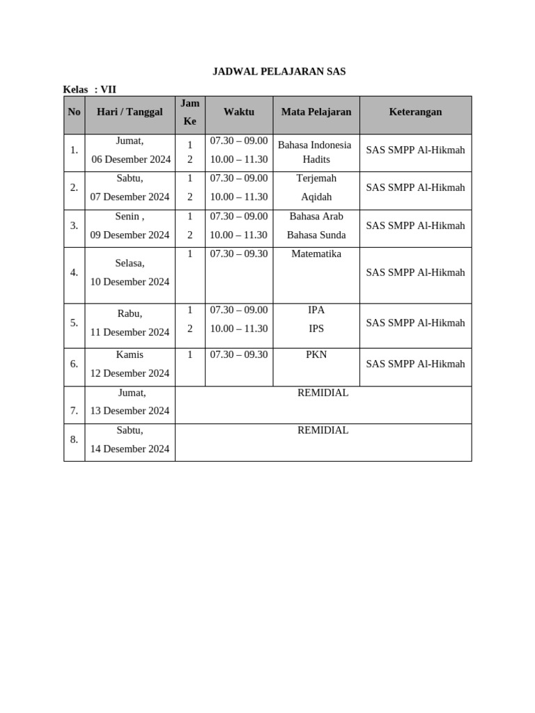Jadwal Pelajaran Sas | PDF