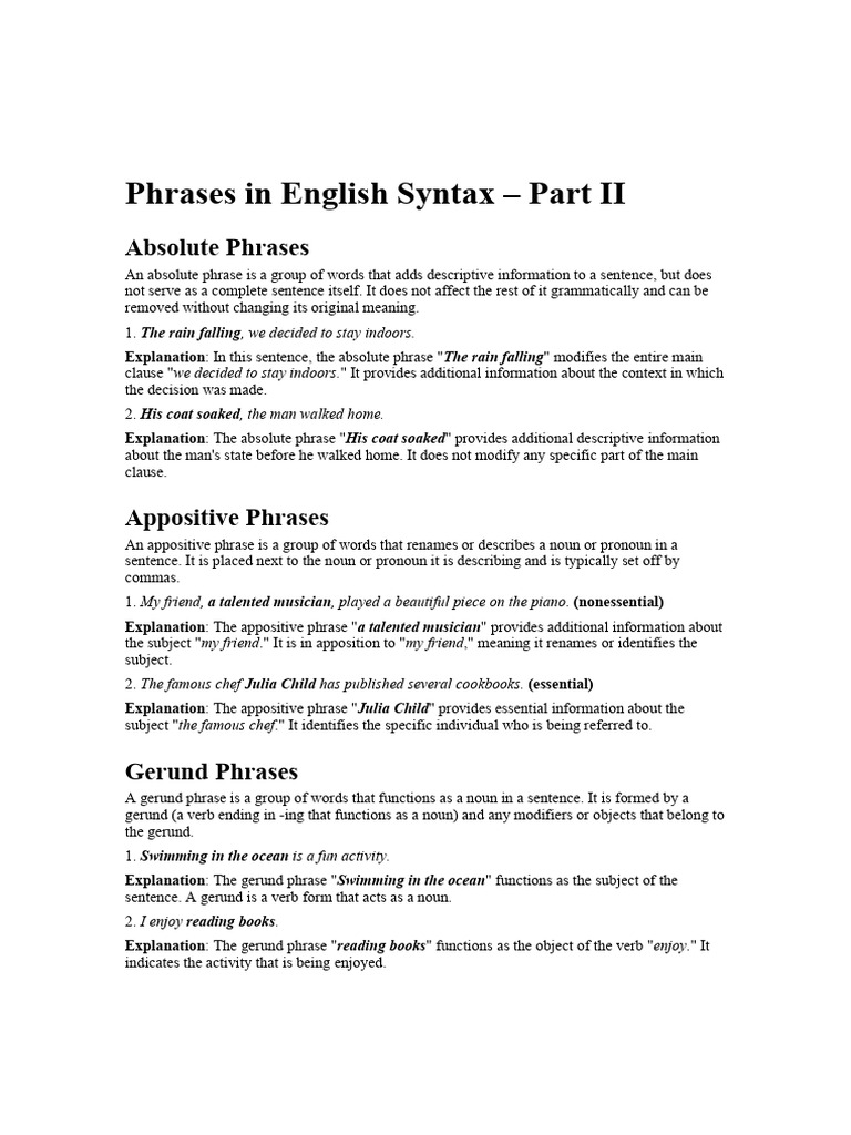 Phrases in English Syntax - Part II | PDF | Verb | Adjective