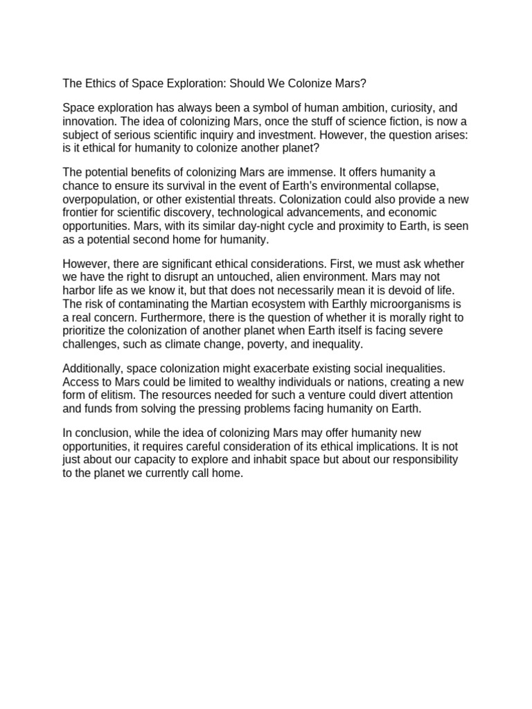 The Ethics of Space Exploration Should We Colonize Mars | PDF | History ...