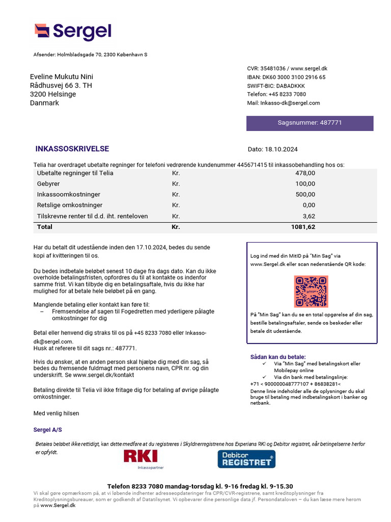 Inkassoskrivelse: Eveline Mukutu Nini Rådhusvej 66 3. TH 3200 Helsinge ...