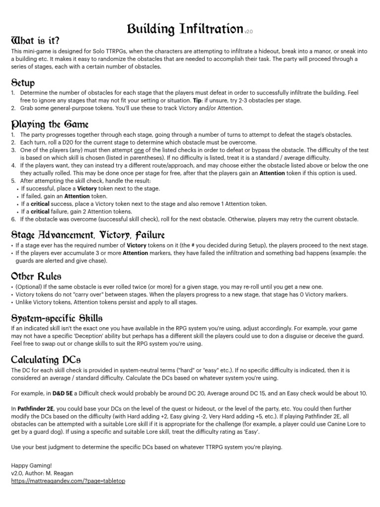 Solo TTRPG Building Infiltration Guide | PDF