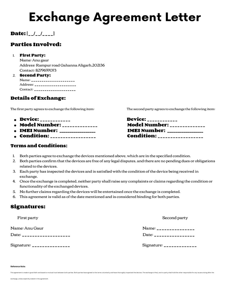 Exchange Argrement Letter | PDF | Private Law | Common Law