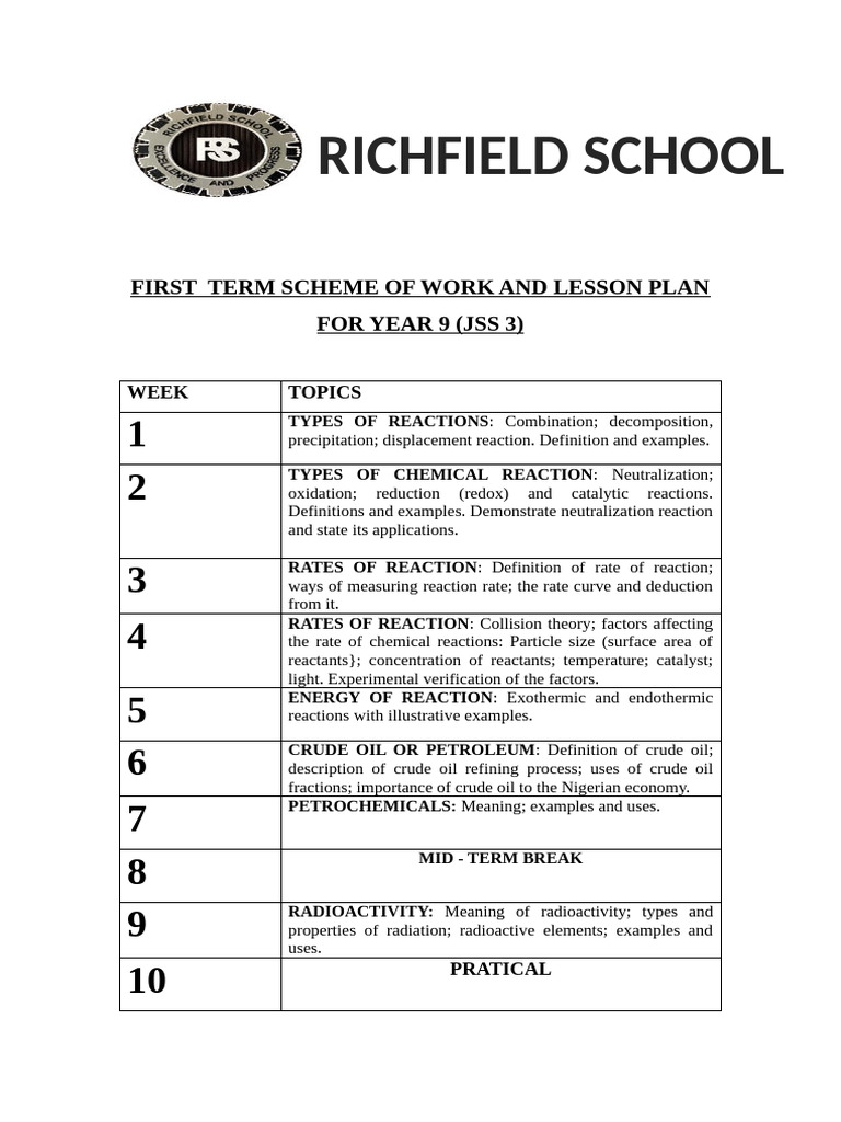CHEMISTRY YEAR 9 1st TERM LESSON PLAN (WEEK 1,2,3) AND SCHEME OF WORK ...