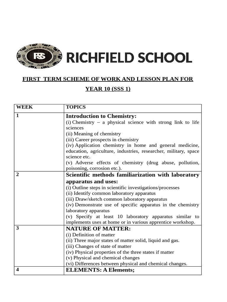 CHEMISTRY YEAR 10 1st TERM LESSON PLAN (WEEK 1,2,3) AND SCHEME OF WORK ...