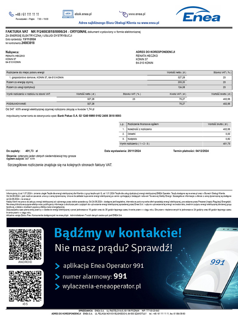 FAKTURA VAT NR P/24083818/0006/24 - ORYGINAŁ: Adres Najbliższego Biura Obsługi Klienta Na WWW ...