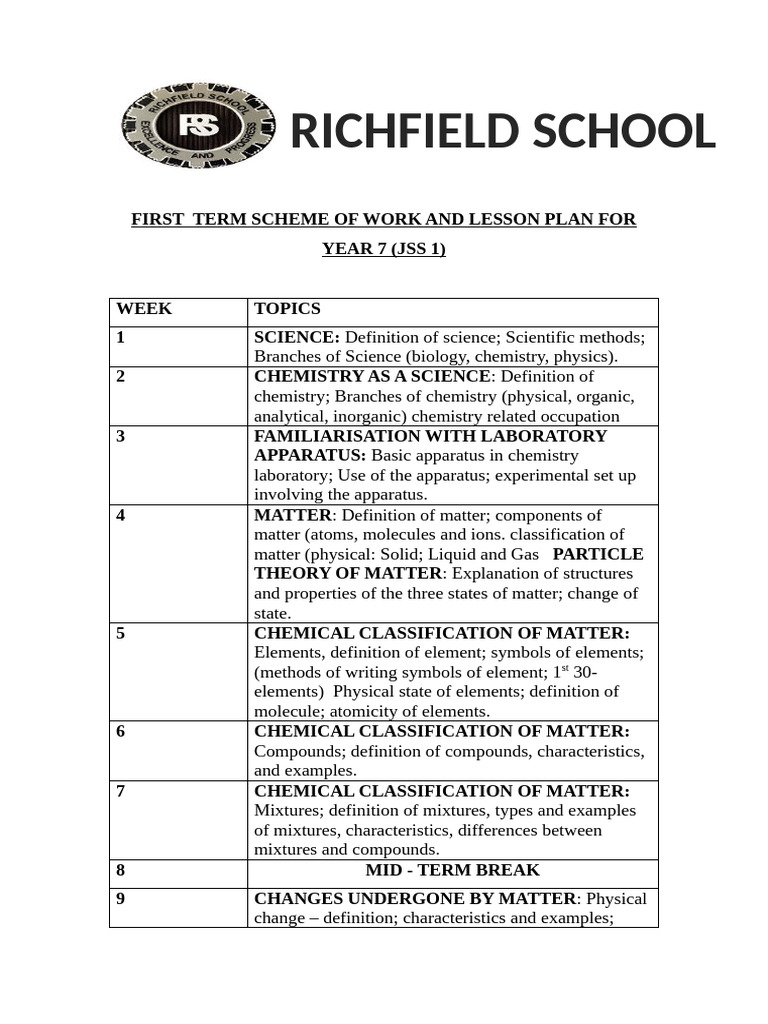 CHEMISTRY YEAR 7 1st TERM LESSON PLAN (WEEK 1,2,3) AND SCHEME OF WORK ...