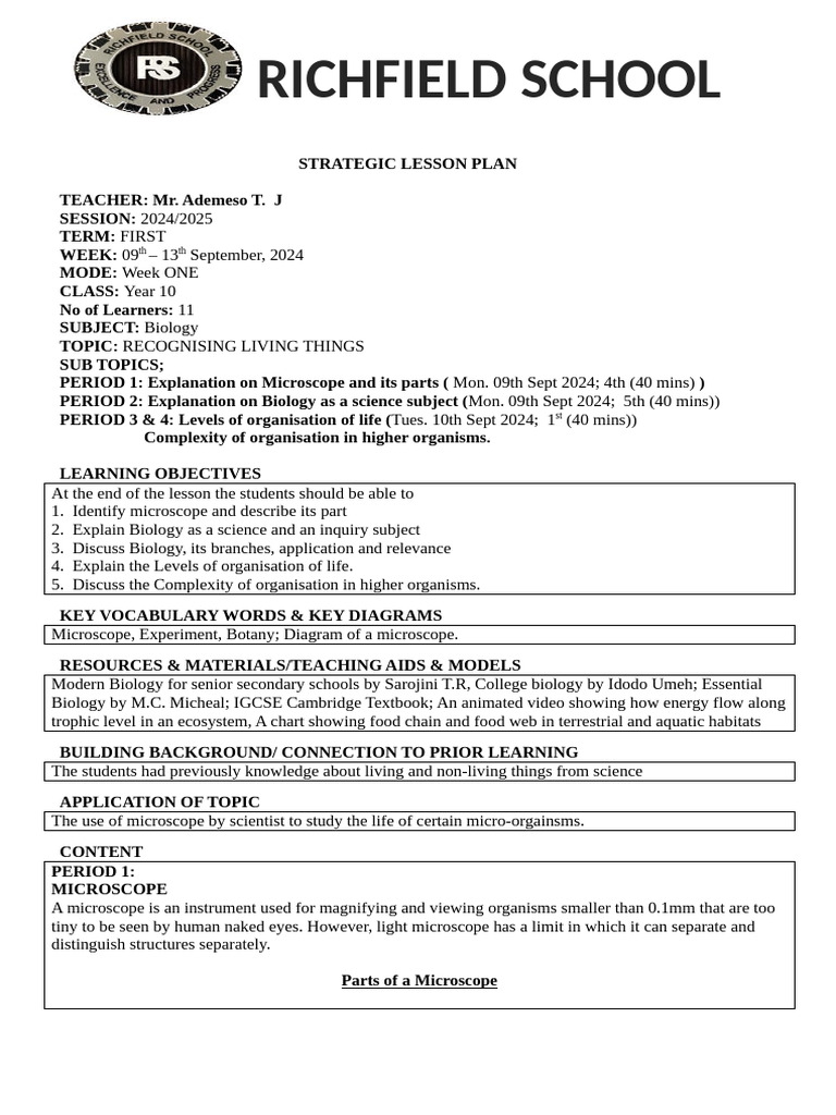 First Term Biology Year 10 - 12 Week One Lesson Plan | PDF | Ovary ...