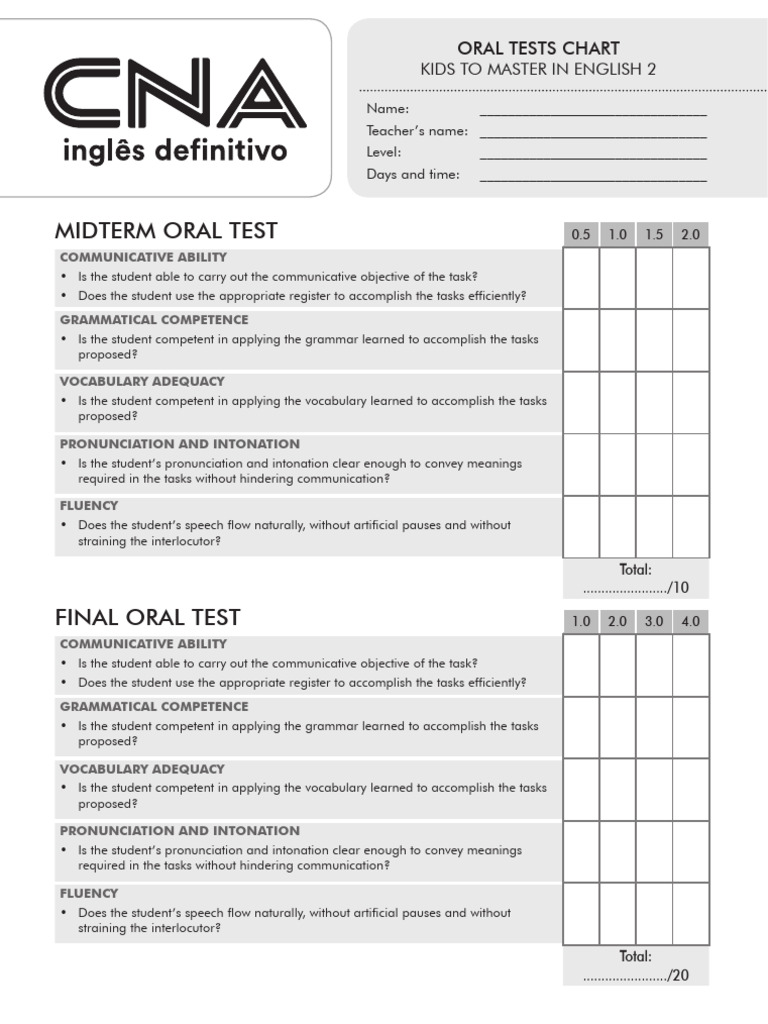1 - Oral Test Chart | PDF | Fluency | Grammar