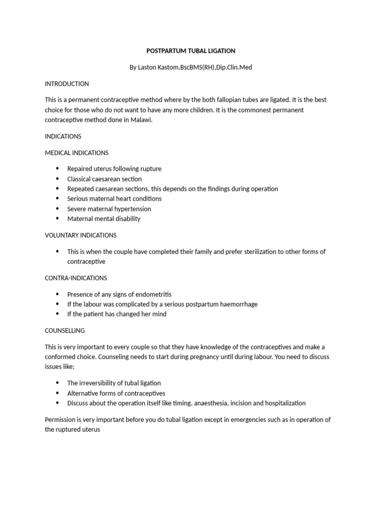 Postpartum Tubal Ligation Procedure Guide | PDF | Caesarean Section ...