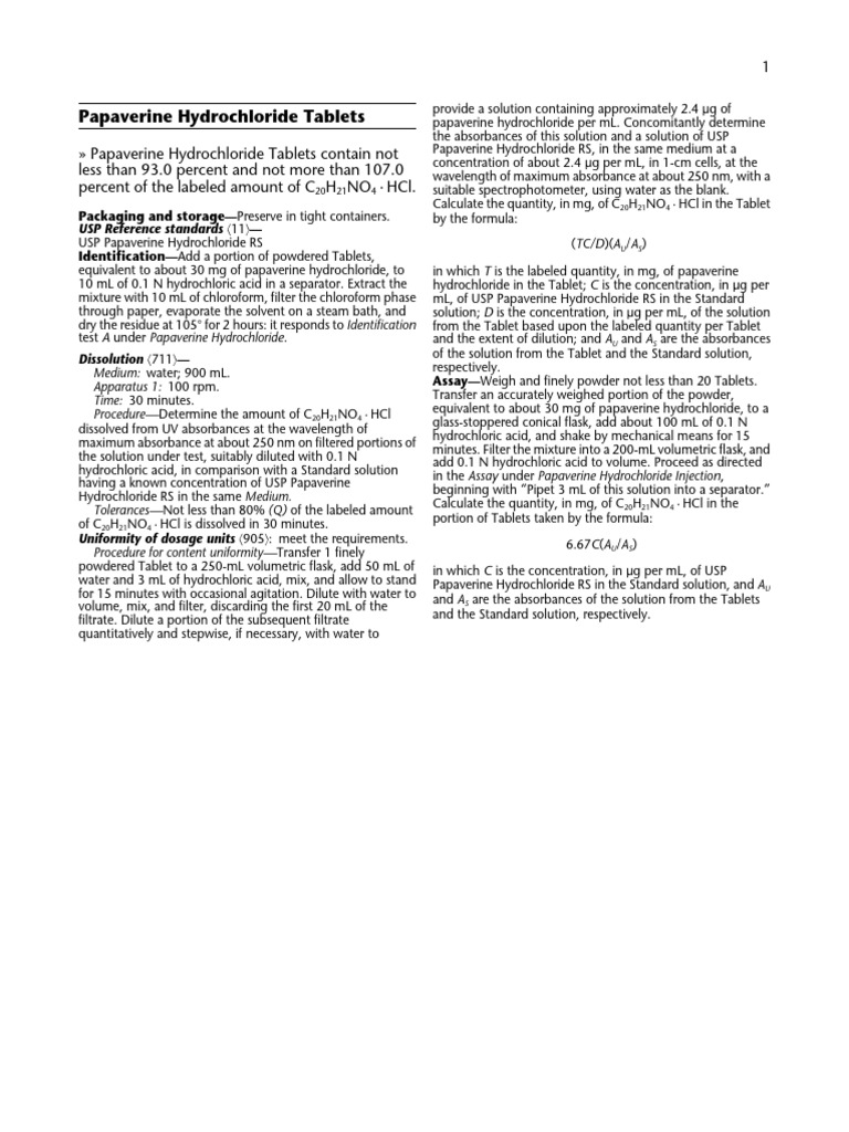 Papaverine Hydrochloride Tablets | PDF | Hydrochloric Acid | Tablet ...