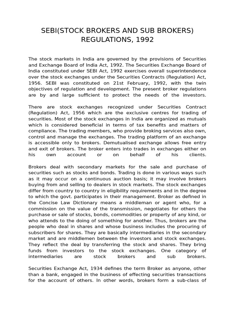 Sebi (Stock Brokers and Sub Brokers) Regulations, 1992 | PDF | Stocks ...