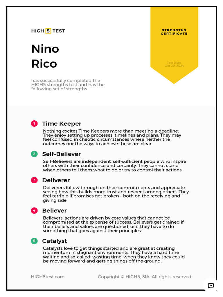 HIGH5 Strengths Test Results For Nino Rico | PDF | Career & Growth ...