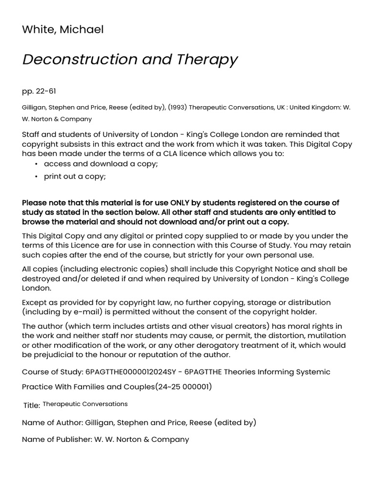 Therapeutic Conversations Chapter 2 Deconstuction and Therapy | PDF ...