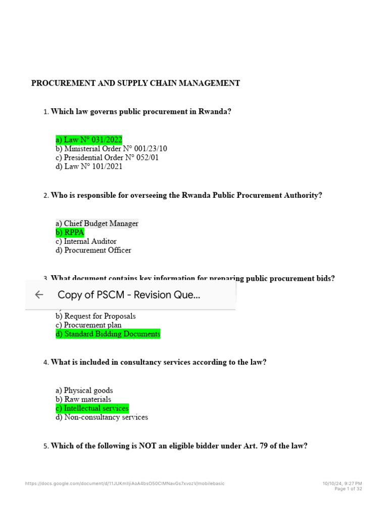 PSCM - Revision Questions | PDF | Procurement | Supply Chain