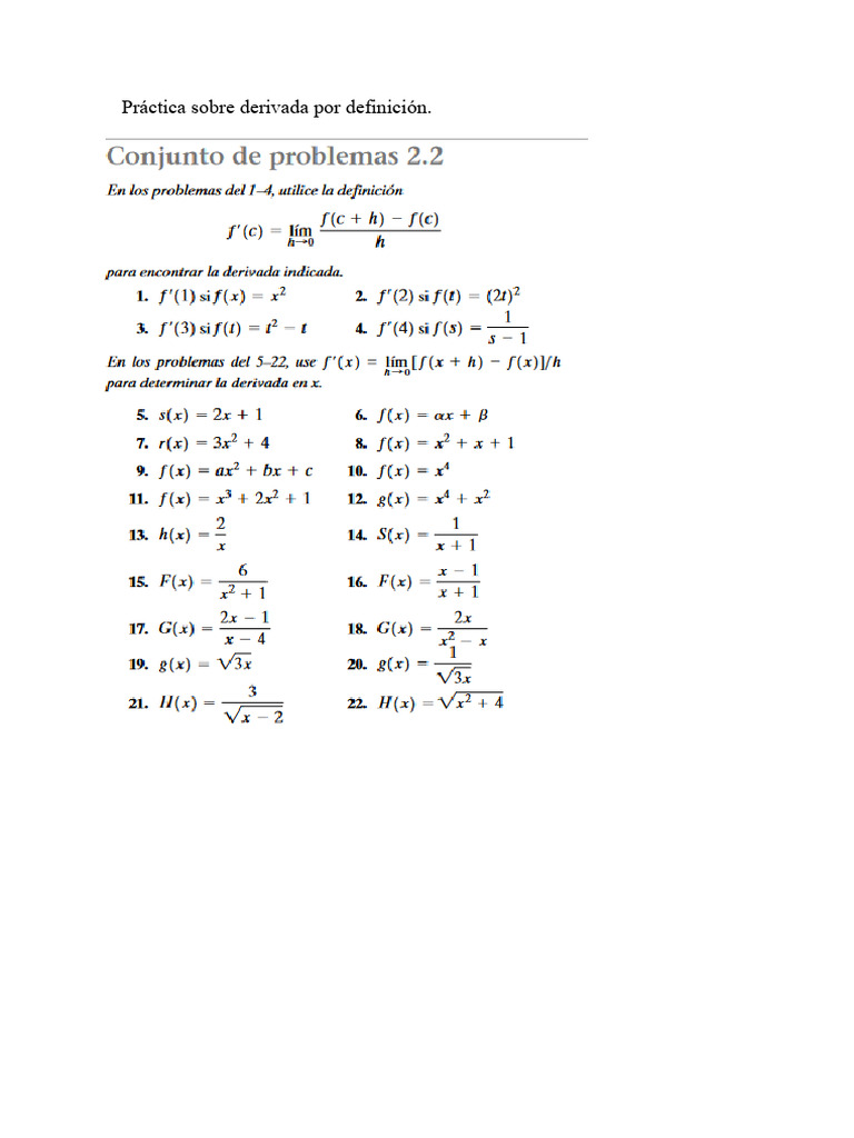 Práctica Sobre Derivada Por Definición | PDF