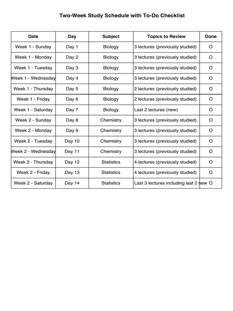 Two Week Study Schedule ToDo List Circle PDF | PDF | Science & Mathematics | Technology ...