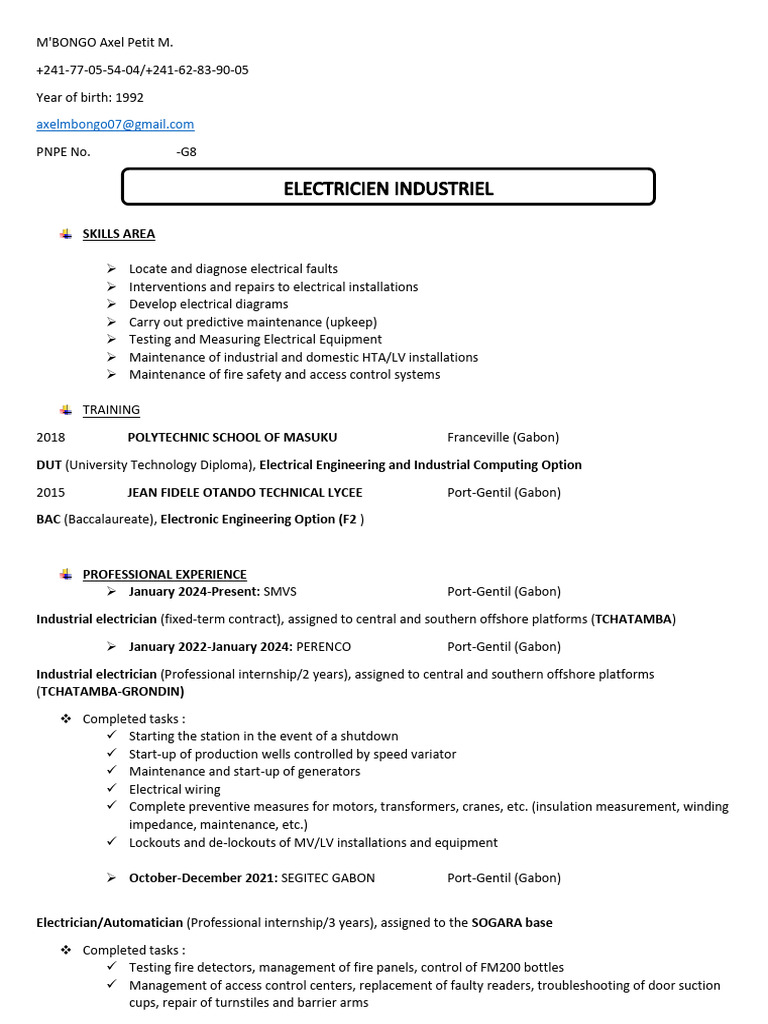 CV Axel M'BONGO | PDF | Electrician | Electrical Engineering