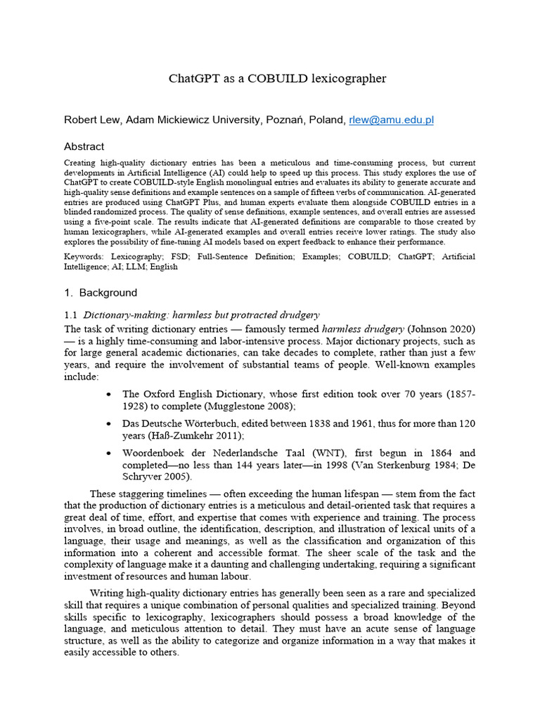 ChatGPT As A COBUILD Lexicographer - PREPRINT 2023-10 | PDF | Lexicography | Akaike Information ...