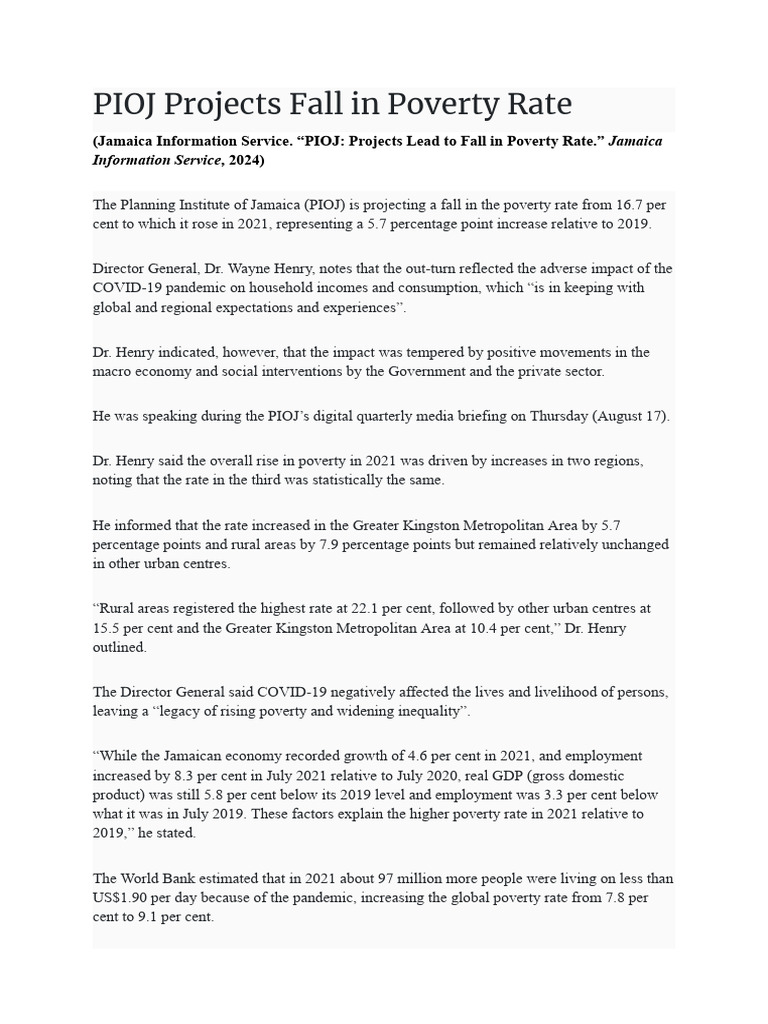 Eng Article 2 - PIOJ Projects Fall in Poverty Rate | PDF | Poverty ...