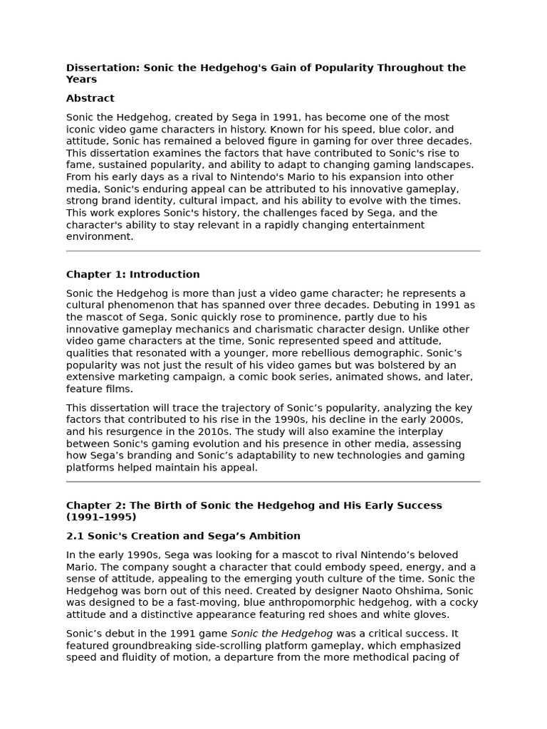 Dissertation Sonic The Hedgehog's Gain of Popularity Throughout The ...