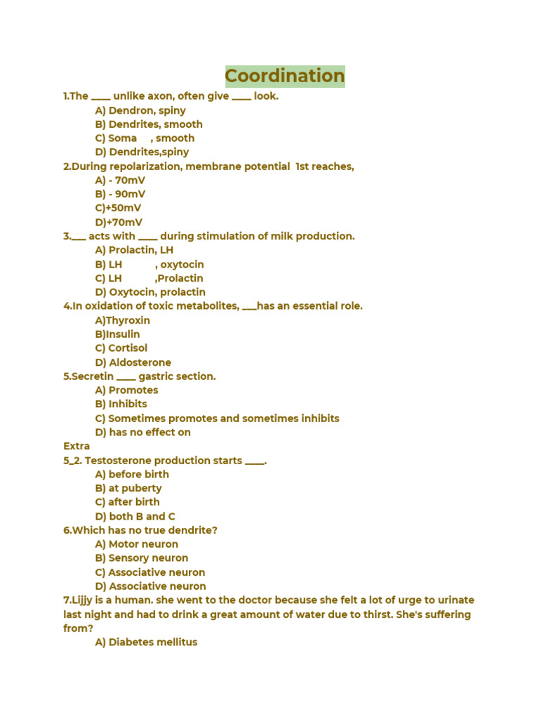 Coordination MCQ | PDF | Synapse | Neuron