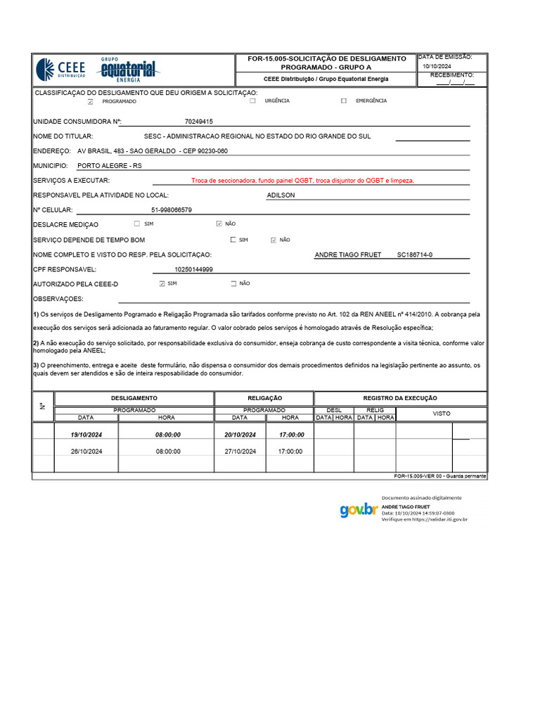 For-15.005-Solicitacao de Desligamento Programado - Grupo A 1 Assinado | PDF