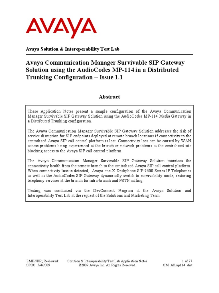 Avaya Communication Manager Survivable SIP Gateway Solution Using The Audio Codes MP-114 in A ...