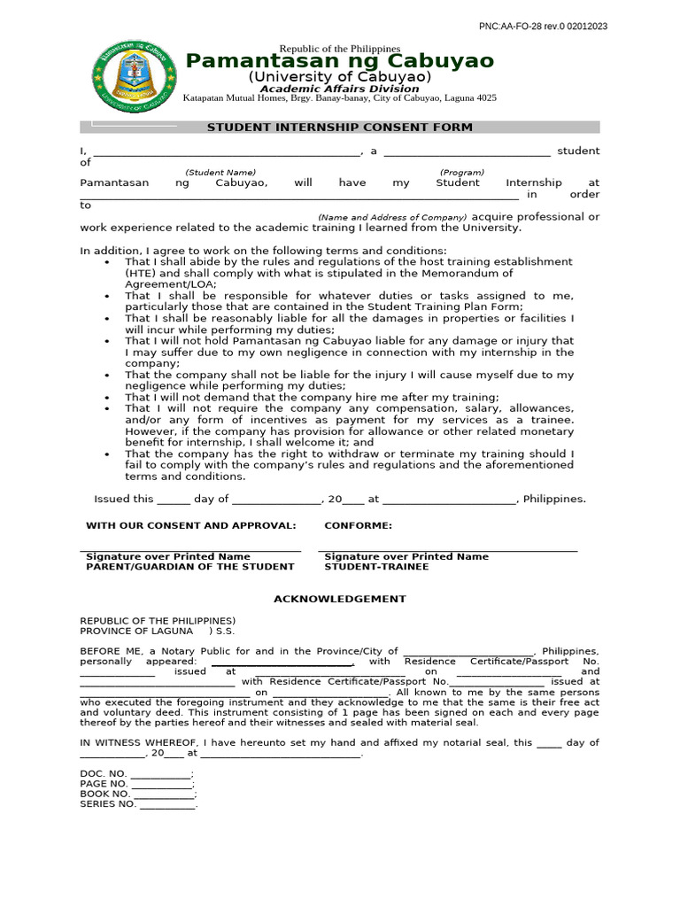 PNC Aa-Fo-28 Student Internship Consent Form (20230320150954) | PDF ...