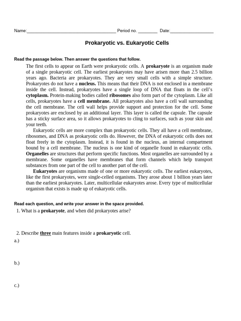 Prokaryote Vs Eukaryote Worksheeet Pdf Cell Biology Prokaryote