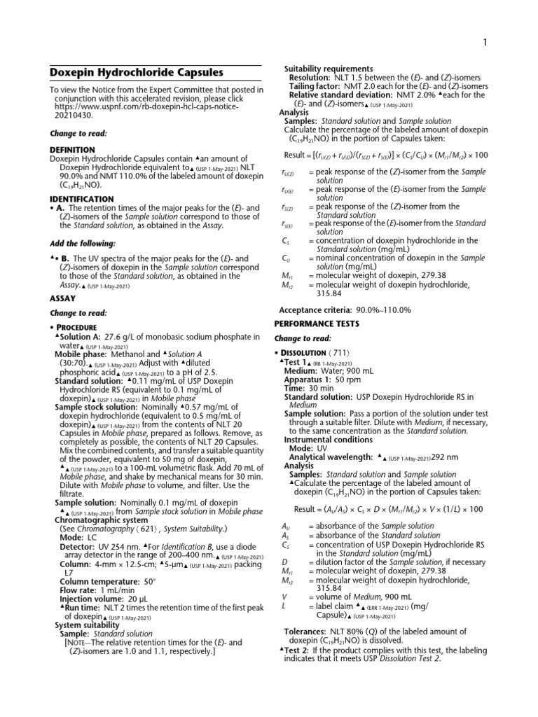 Doxepin Hydrochloride Capsule Details | PDF | Chromatography | Chemistry
