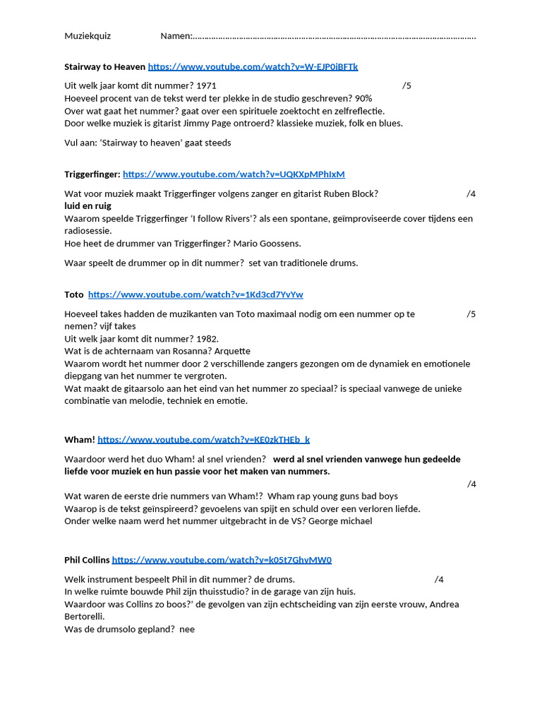Muziekquiz Invulblad | PDF