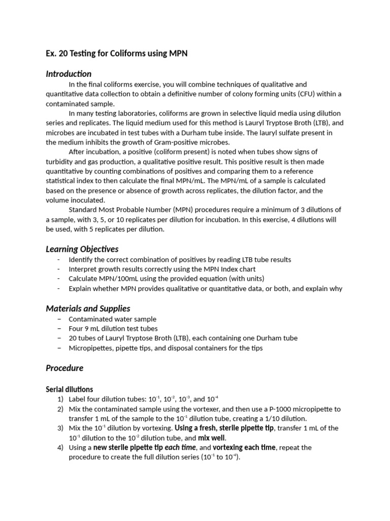 Ex 20 Testing For Coliforms Using MPN | PDF | Colony Forming Unit