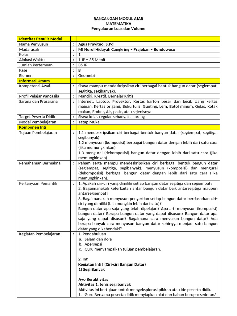 Modul MTK Kls 4 (Bangun Datar) | PDF