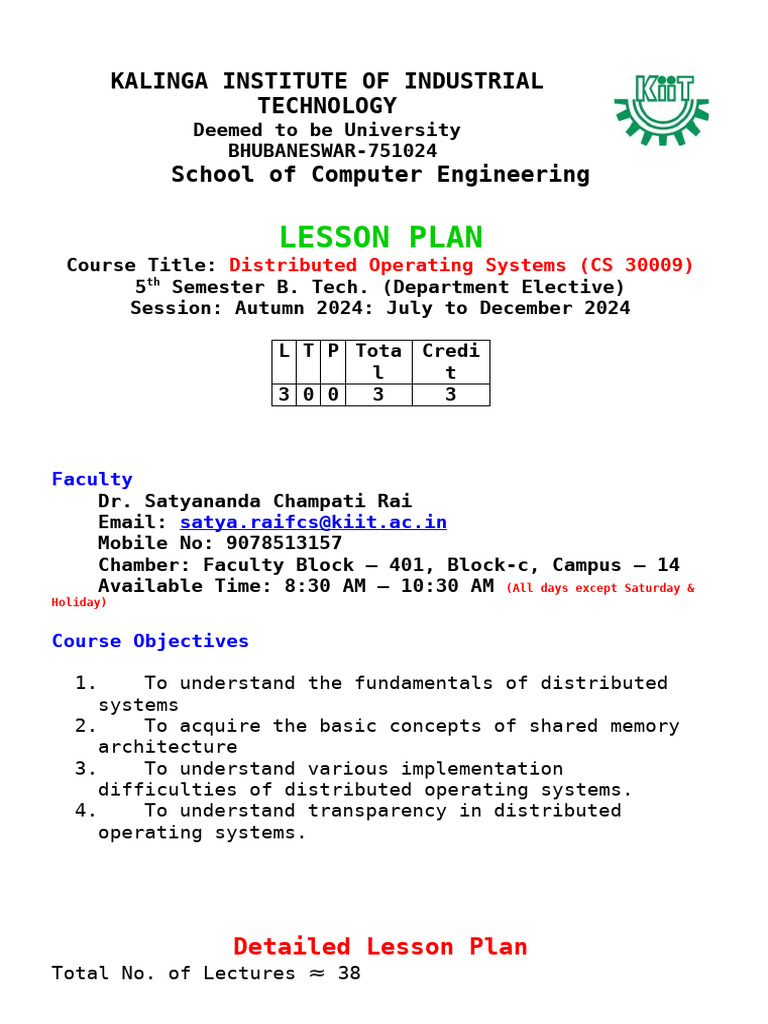 Lesson Plan DOS 2024 Autumn SCR 1 | PDF | Thread (Computing) | Distributed Computing