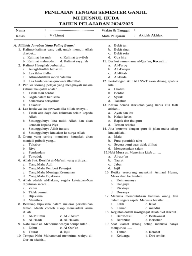 Soal PTS Ganjil Akidah Akhlak Kelas 5 MI 2024 | PDF
